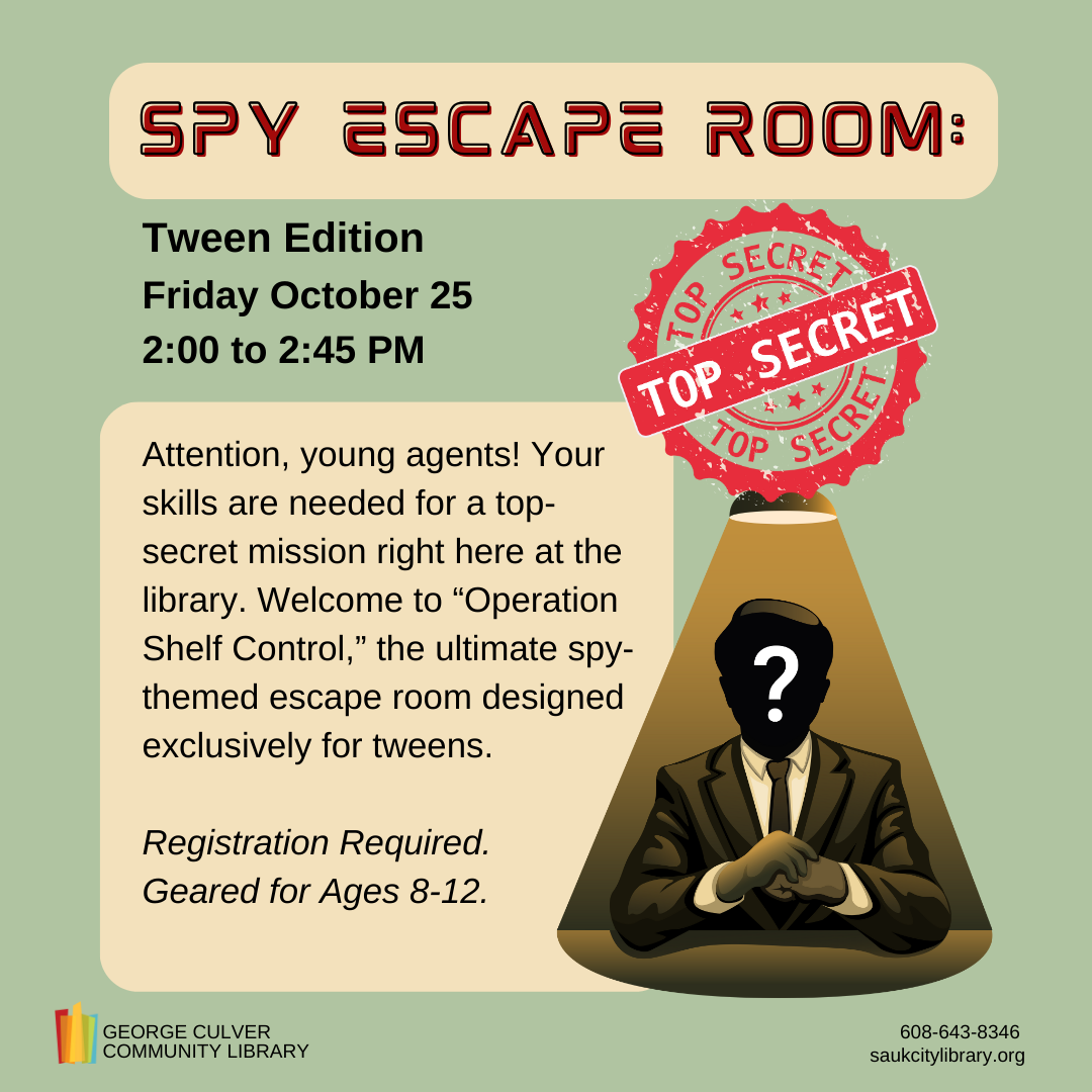 Spy Escape Room: Tween Edition - Oct 25, 2024 - Sauk Prairie Area ...