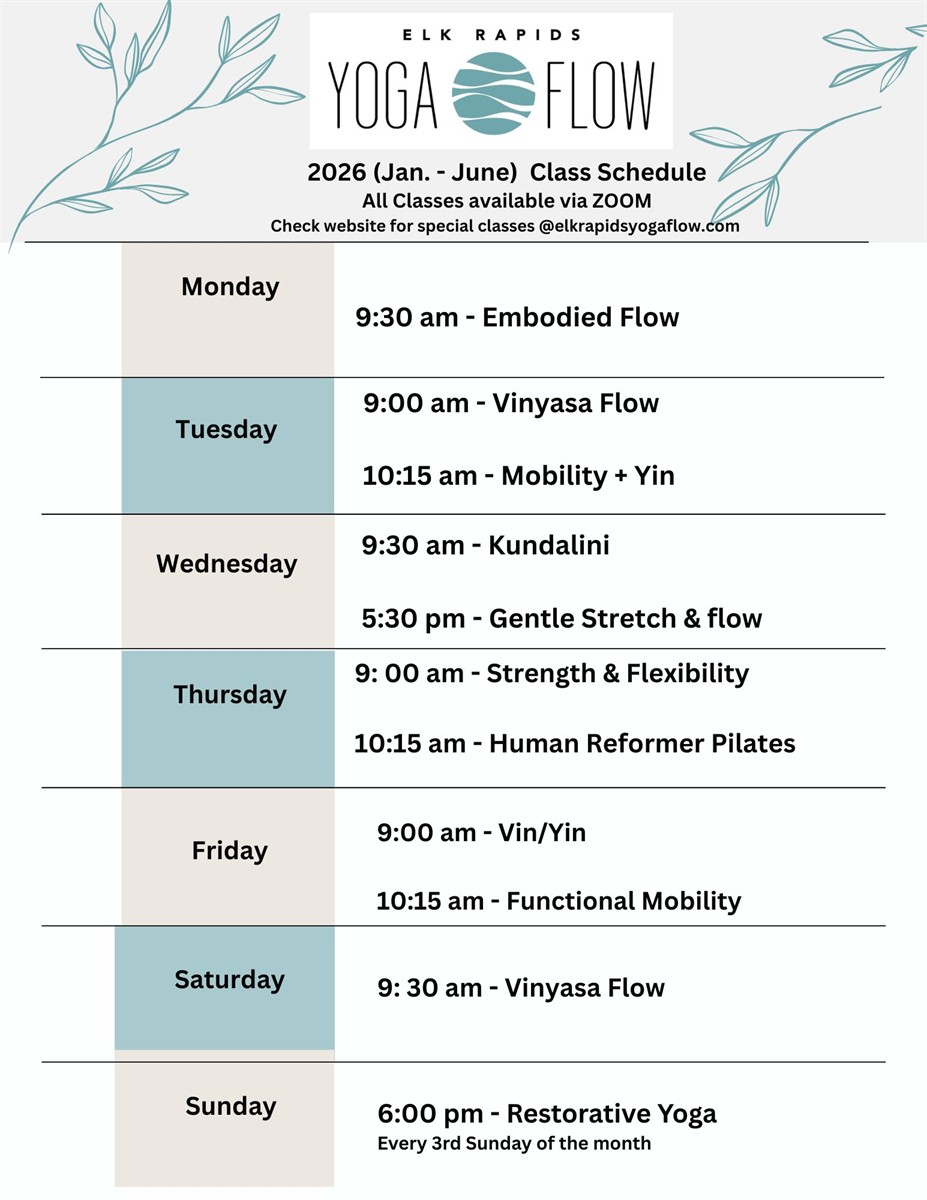 Elk Rapids Yoga Flow 2026 Class Schedule - Jan 5, 2026