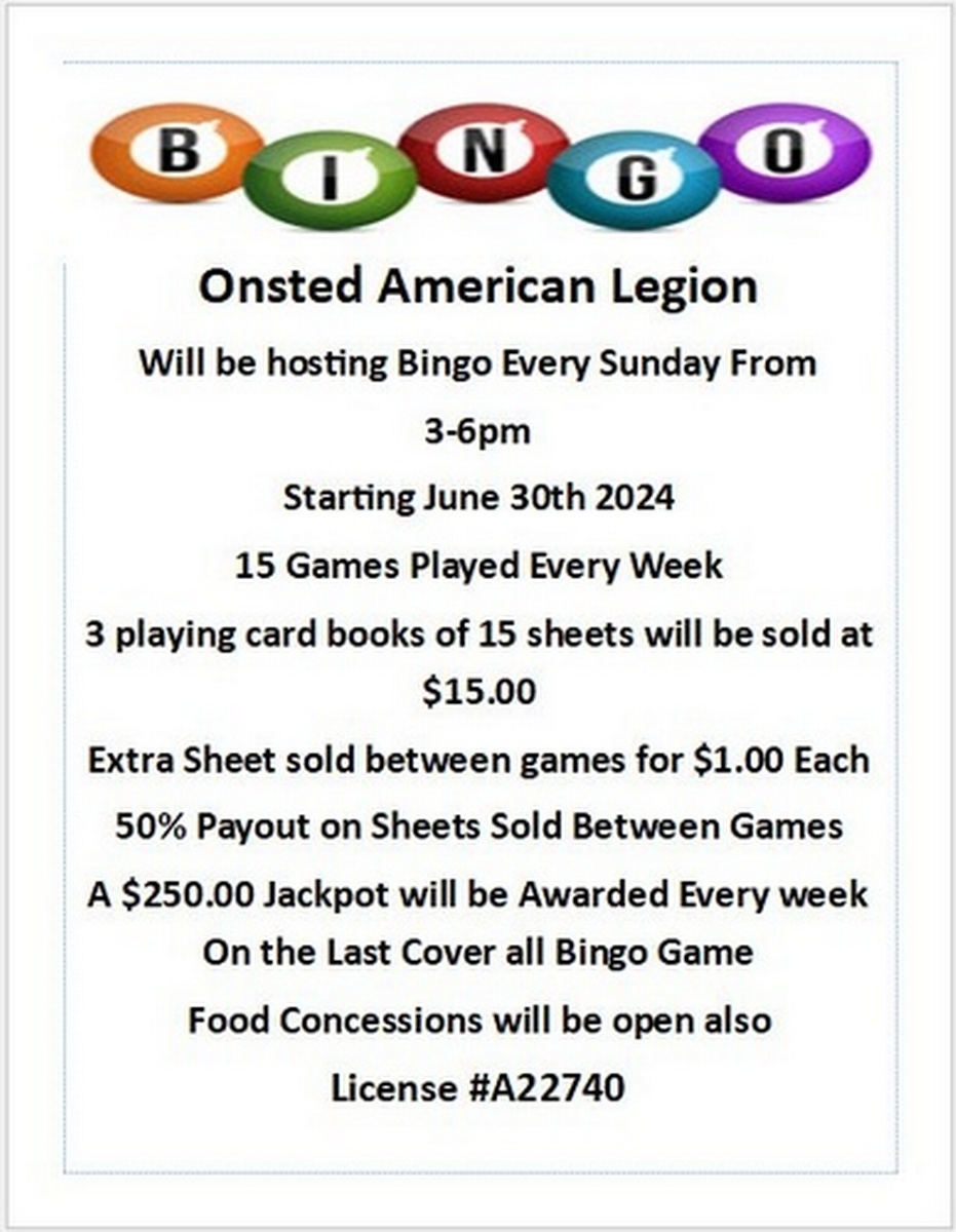 Onsted American Legion Post 550 BINGO - Dec 7, 2025